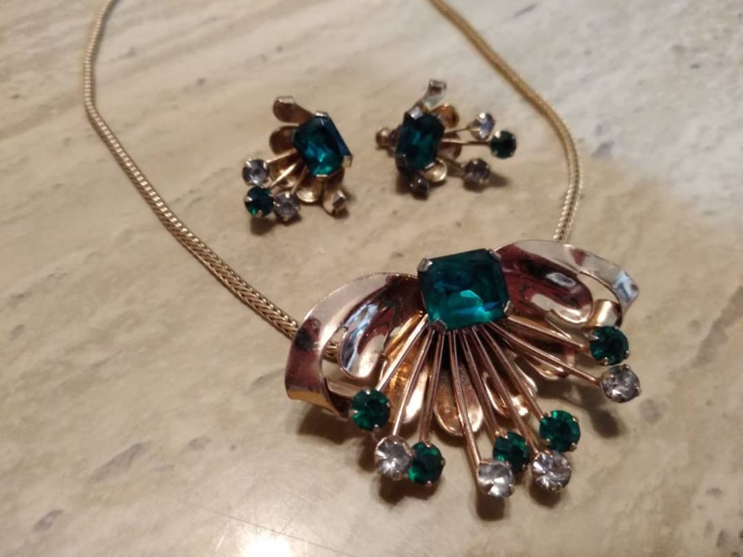 Vintage 1950s Designer Leo Glass Jewelry Set Necklace Converts to Pin ...