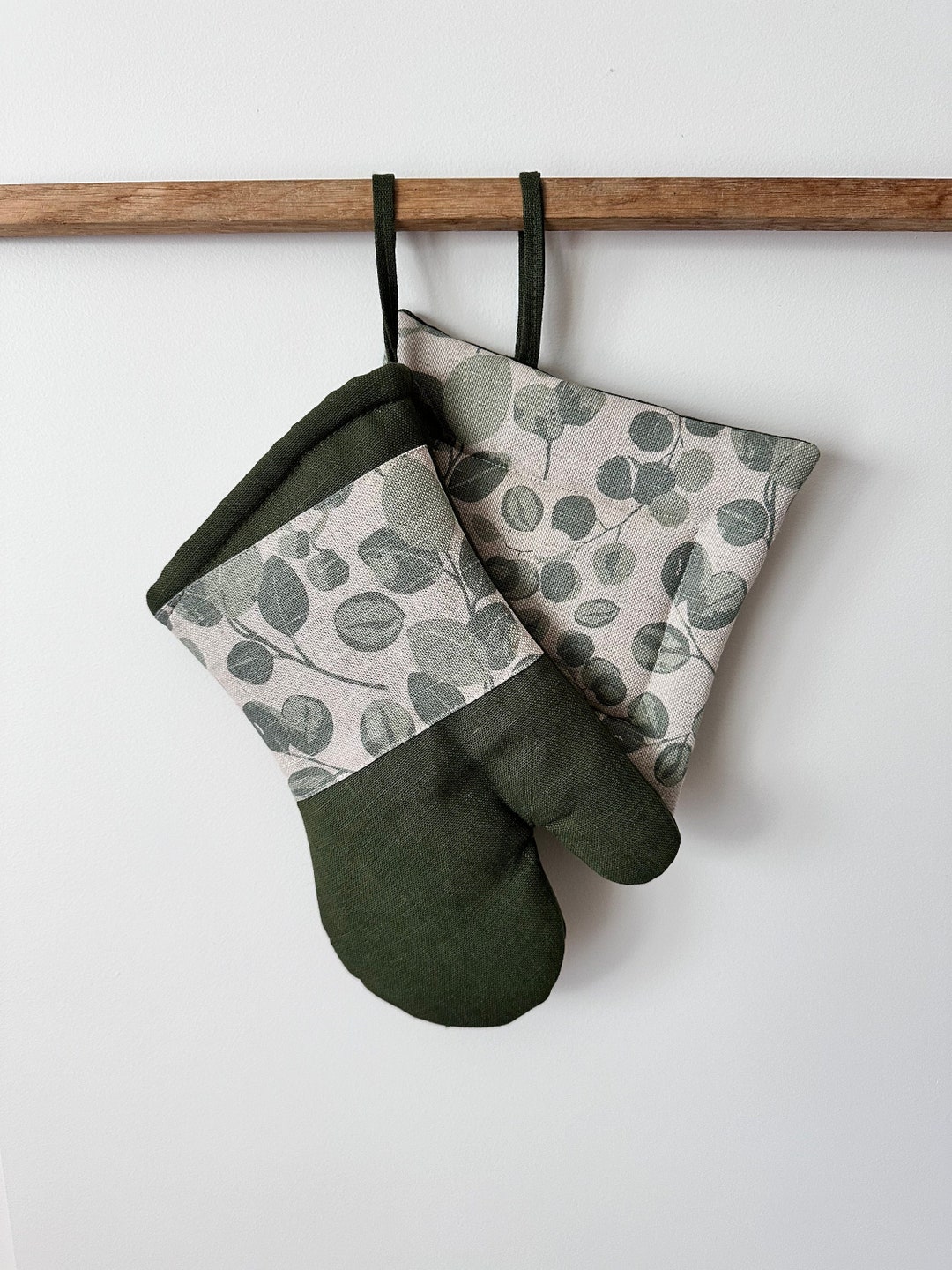 Handmade Linen Oven Mitt and Pot Holder Set (2pcs) , Heat Resistant ...