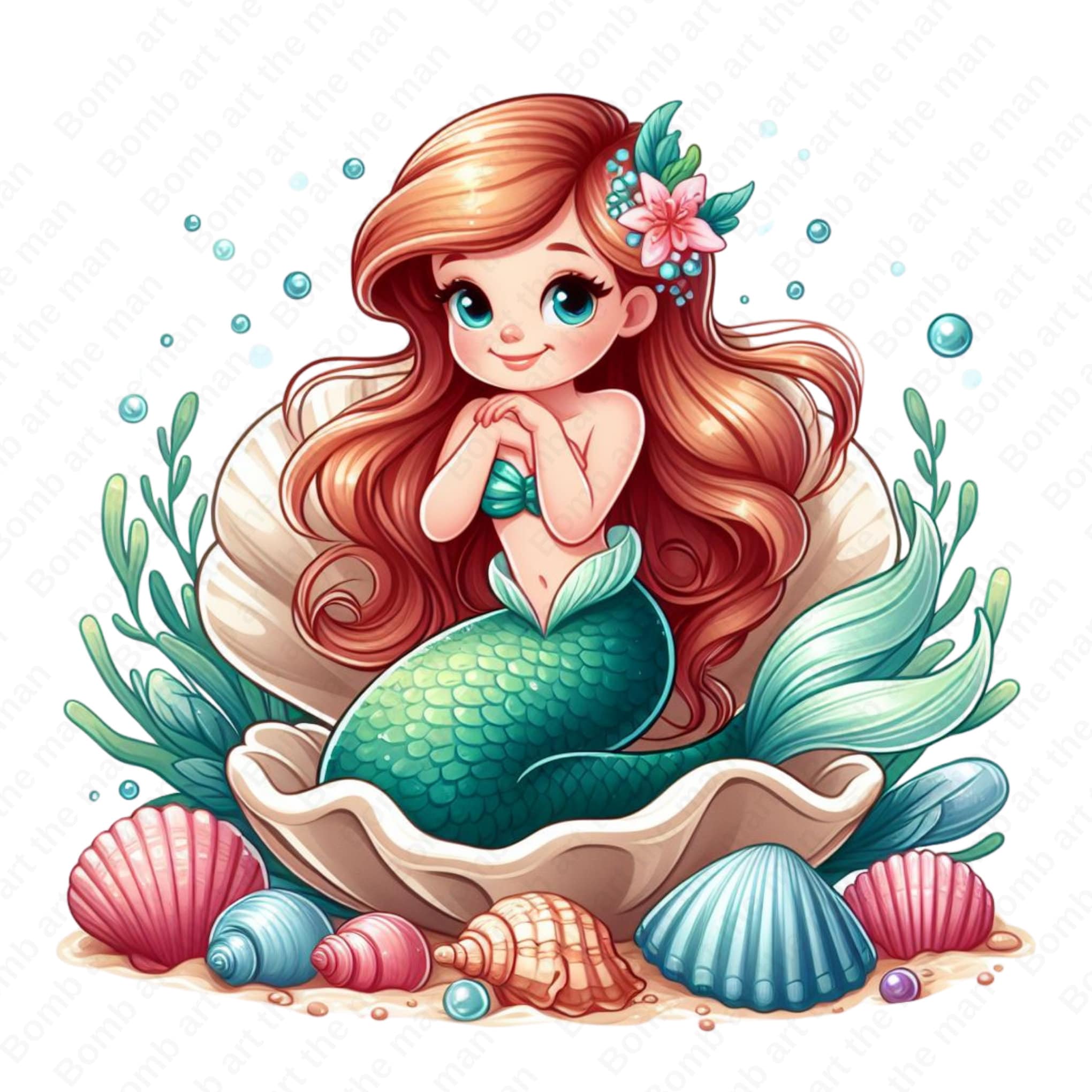 Little Mermaid Clipart, Princess Ariel Png, Little Mermaid in Seashell ...