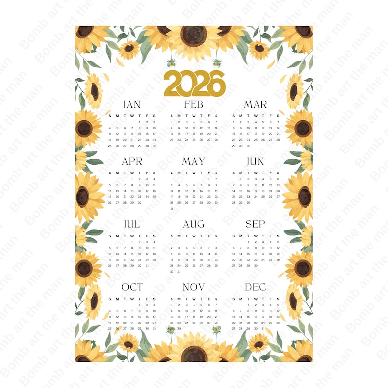 2026 Calendar, 2026 Printable Calendar, Calendar Png, Instant Download ...