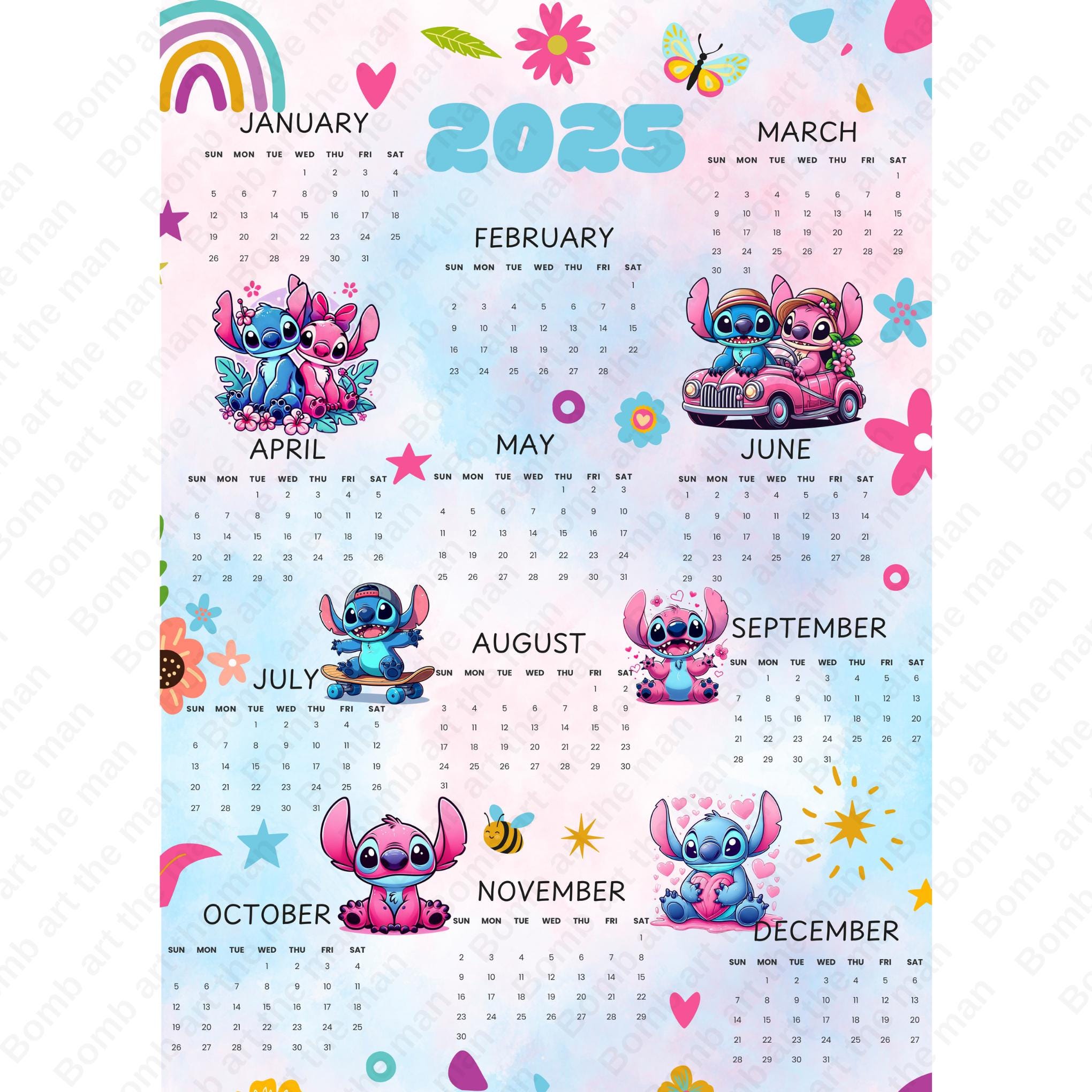 Stitch and Angel Calendar, 2025 Calendar, Printable Kids Calendar ...