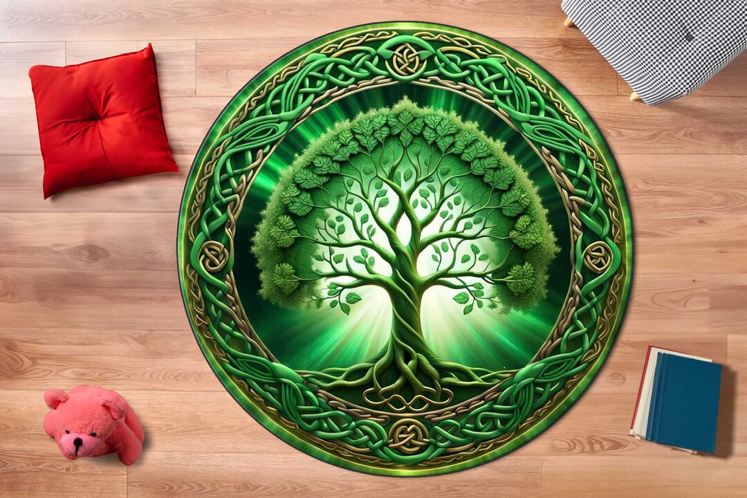 Tree of Life Rug, Green Round Rug, Dragon of Life Rug,tree of Life ...