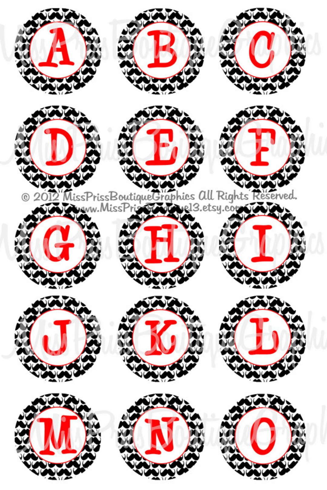 4x6 - MUSTACHE ALPHABETS - Full Alphabets - One Inch Bottlecap Graphic ...
