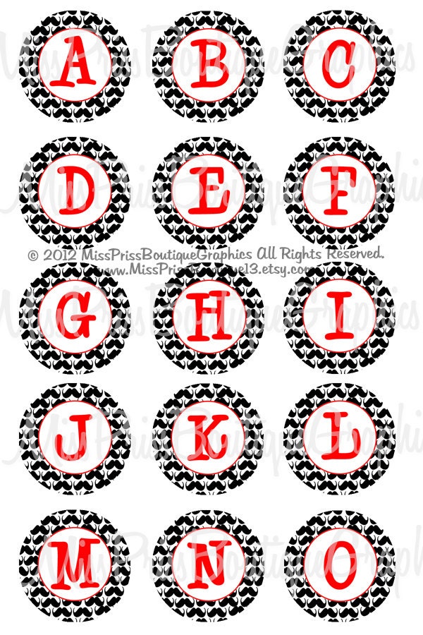 4x6 - MUSTACHE ALPHABETS - Full Alphabets - One Inch Bottlecap Graphic ...