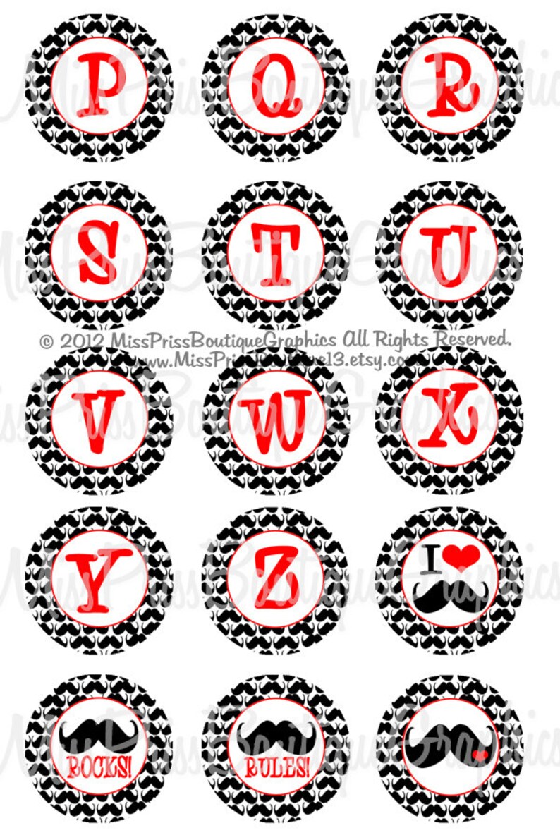4x6 - MUSTACHE ALPHABETS - Full Alphabets - One Inch Bottlecap Graphic ...