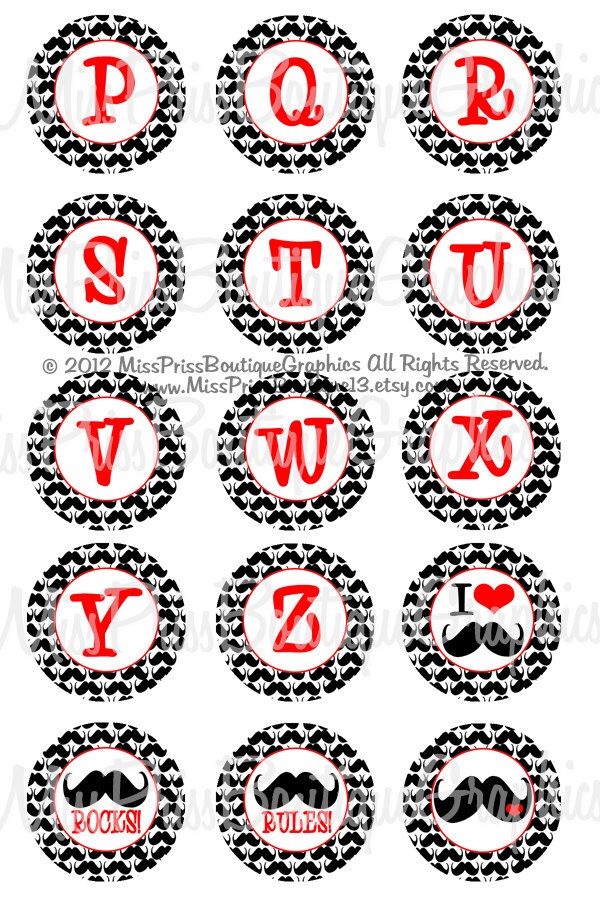 4x6 - MUSTACHE ALPHABETS - Full Alphabets - One Inch Bottlecap Graphic ...