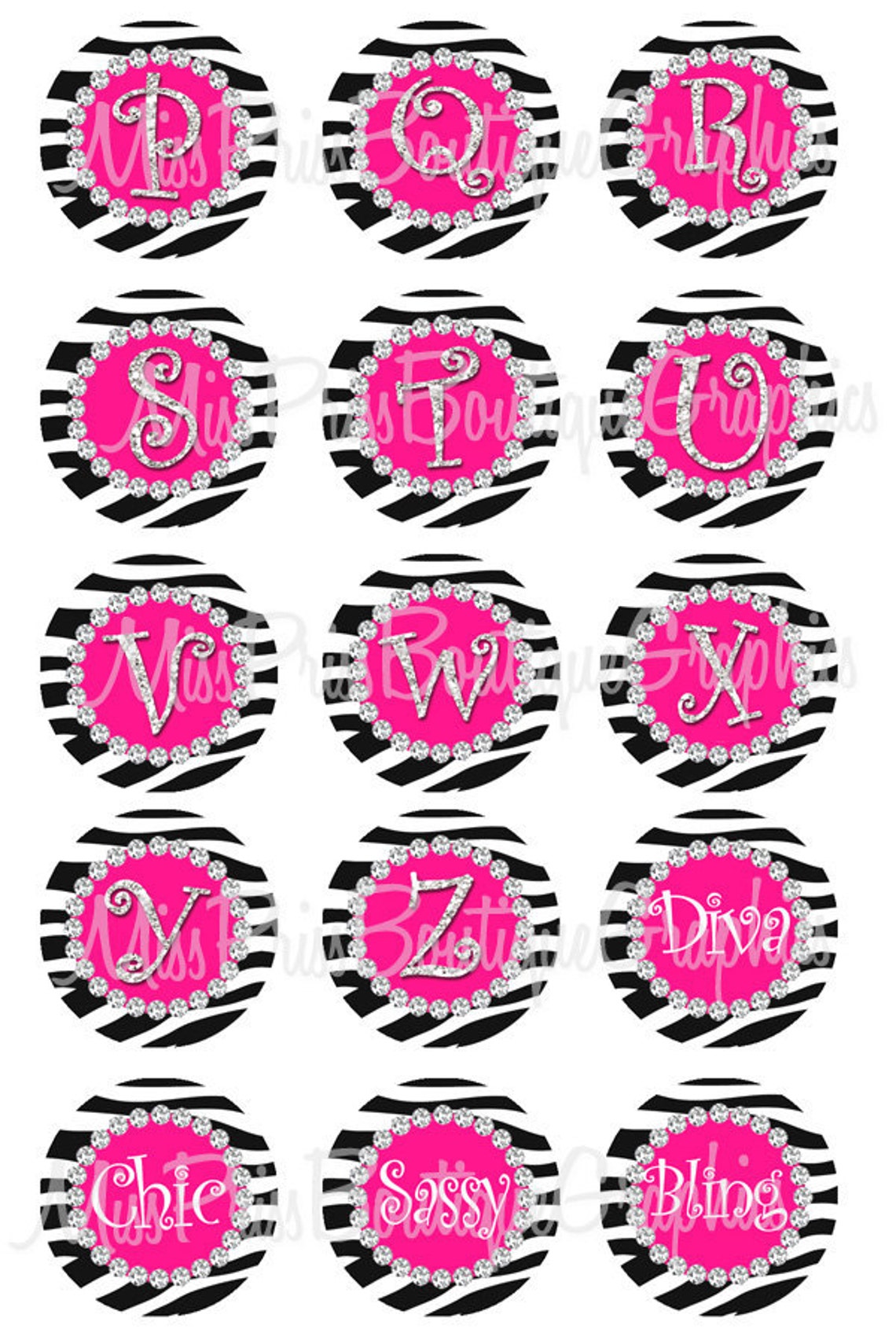 4x6 - DIVA BLING ALPHABETS - Instant Download - Zebra Bling Letters ...