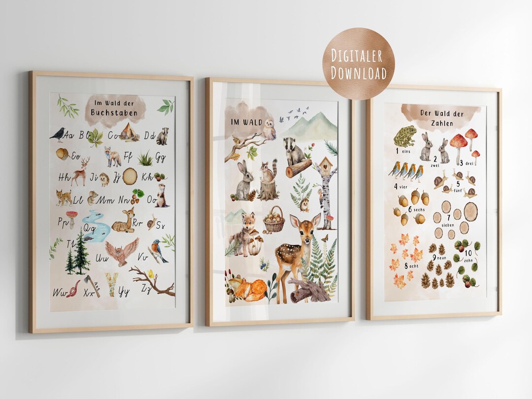 Set of 3 Learning Posters FOREST | Numbers, Alphabet/letters and ...