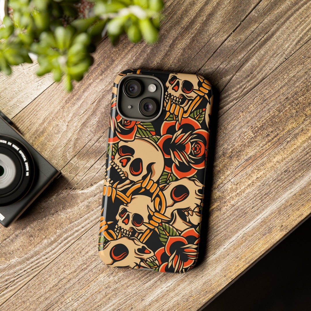 Skull Phone Case, Skull and Roses, Halloween Phone Case, Tattoo Phone ...