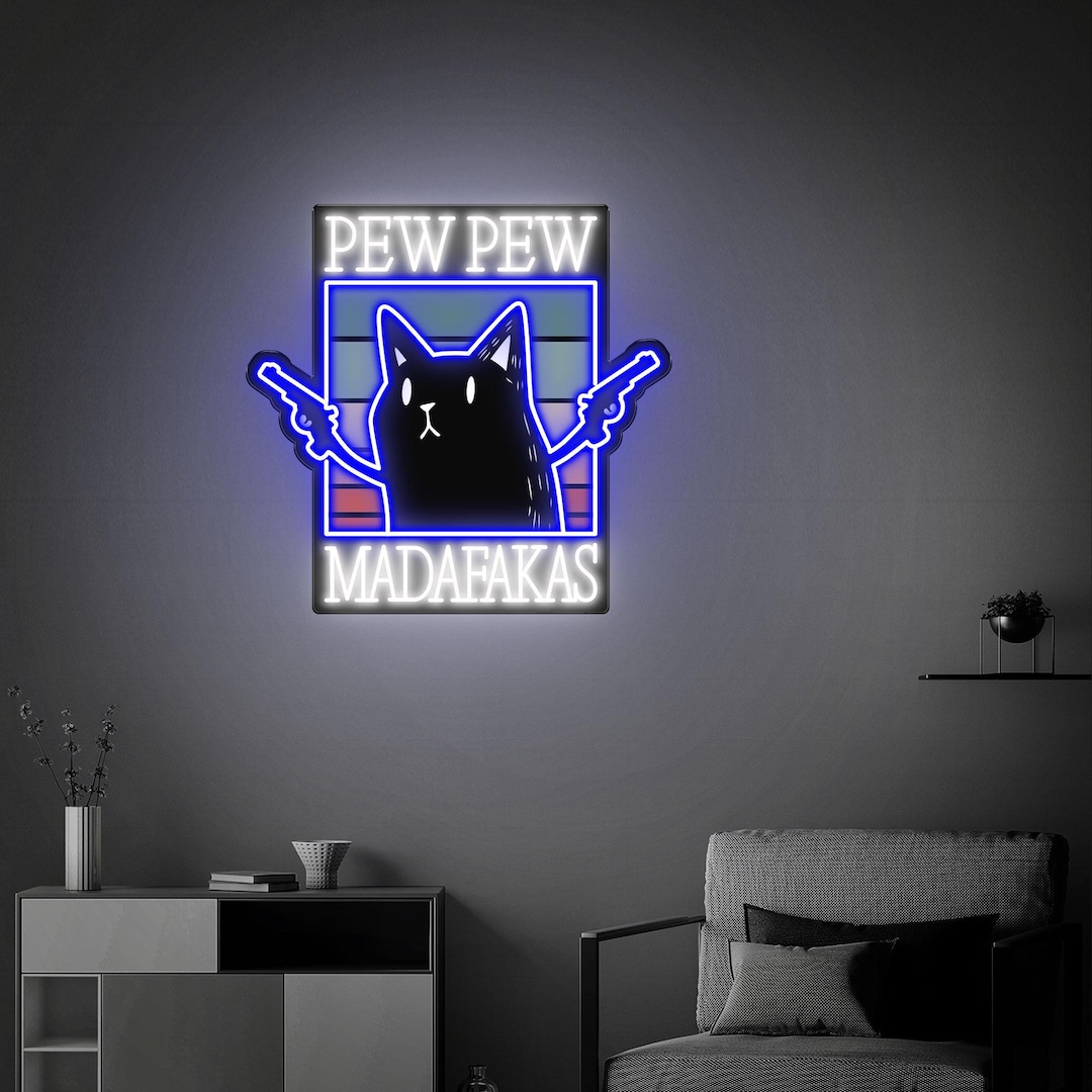 Cat Led Neon Sign Pop Art, Pew Pew Cat With Gun Neon Decor, Custom Neon ...