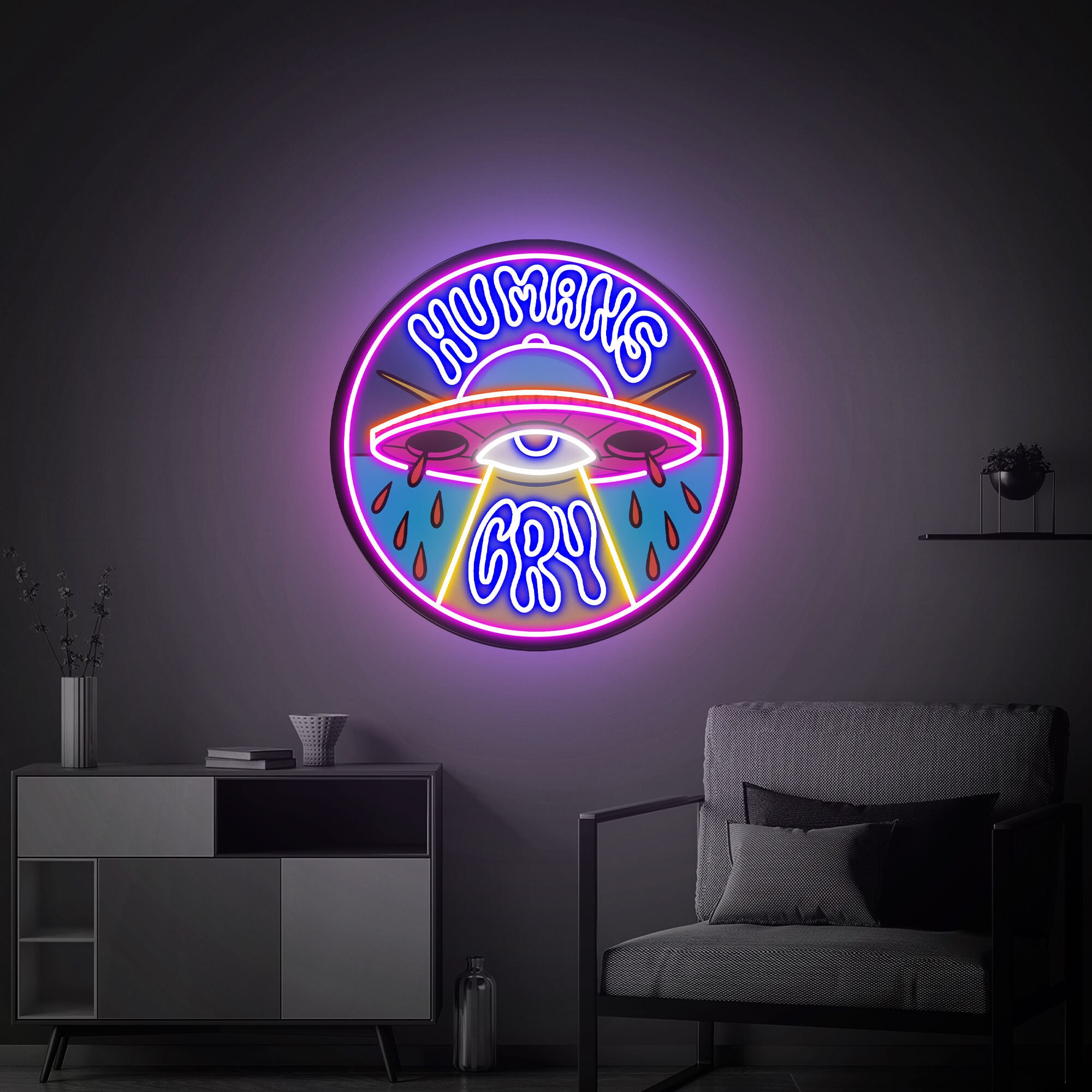 UFO Neon Sign, UV Printing Neon Sign, Humans Cry Neon Light, Custom ...