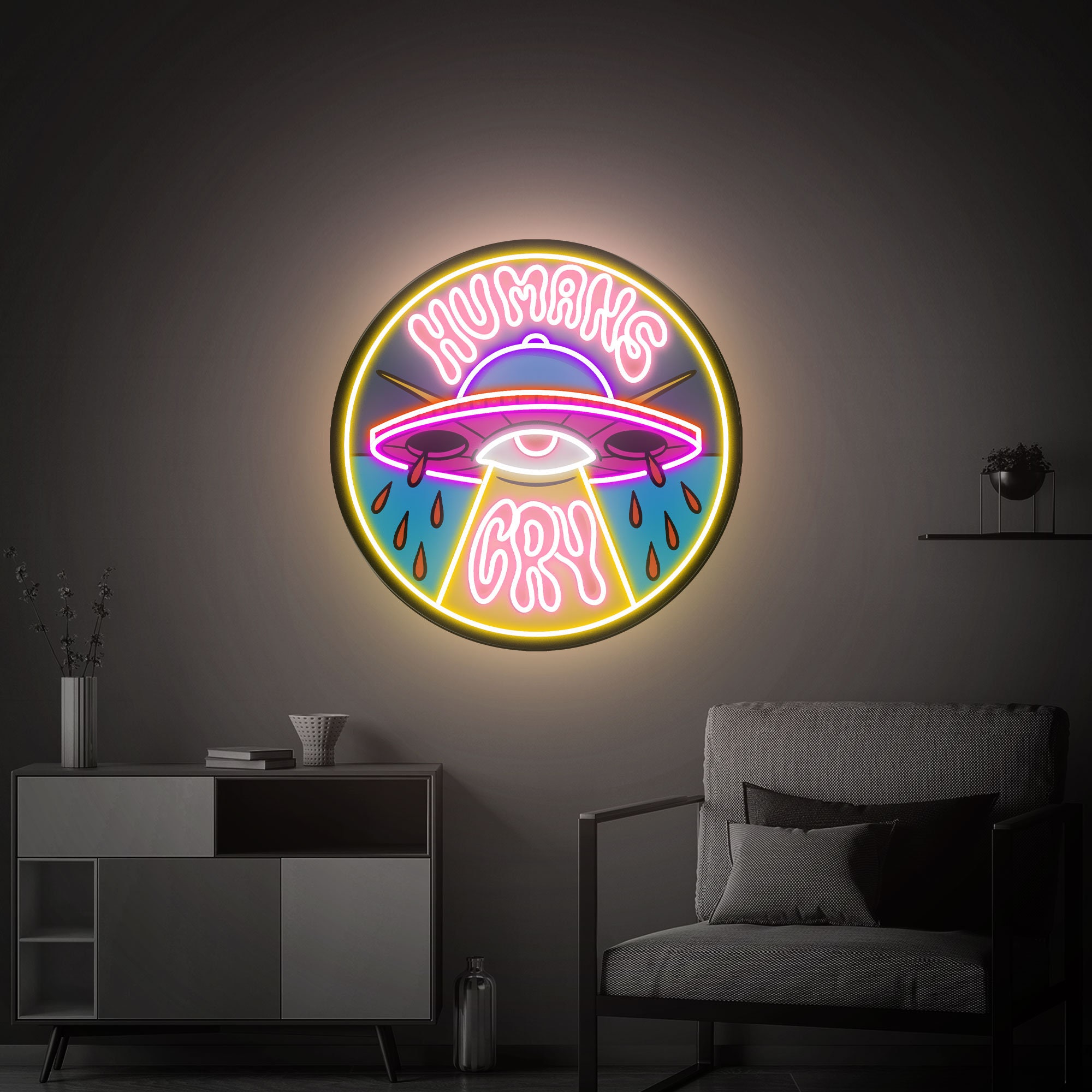 UFO Neon Sign, UV Printing Neon Sign, Humans Cry Neon Light, Custom ...
