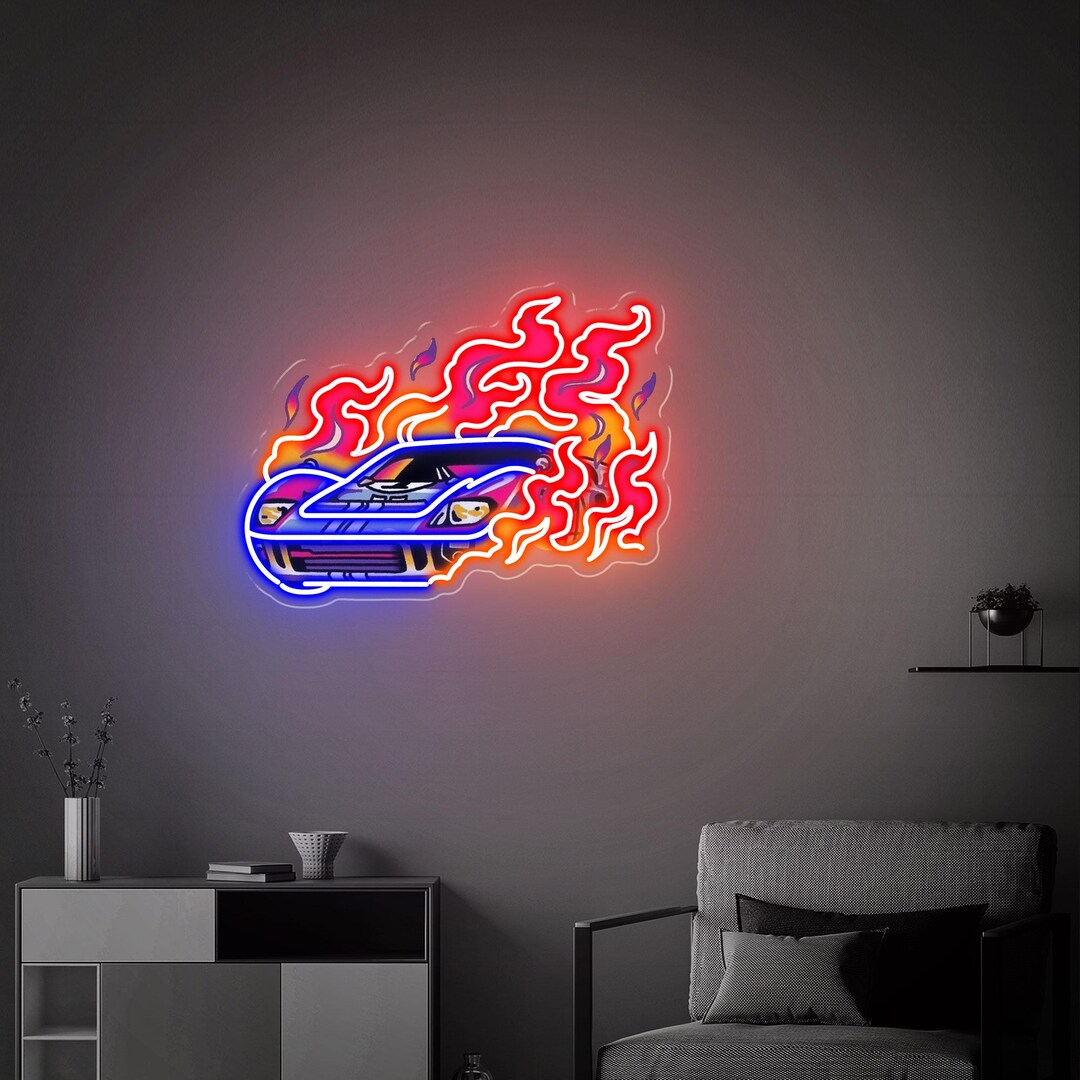 Car Led Neon Sign Pop Art, Fire Car Neon Wall Art, Custom Neon Sign ...