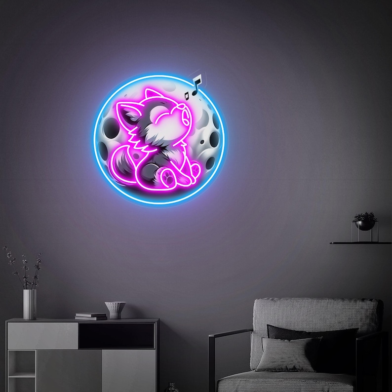 Cute Chibi Wolf Howling on the Moon UV Printed Neon Sign, Wolf Led Neon ...