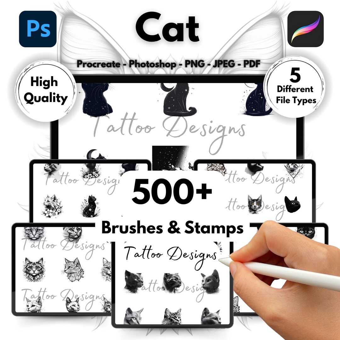 500 Cat Tattoo Brushes Set Procreate & Photoshop Tattoo Brushes, Cat ...