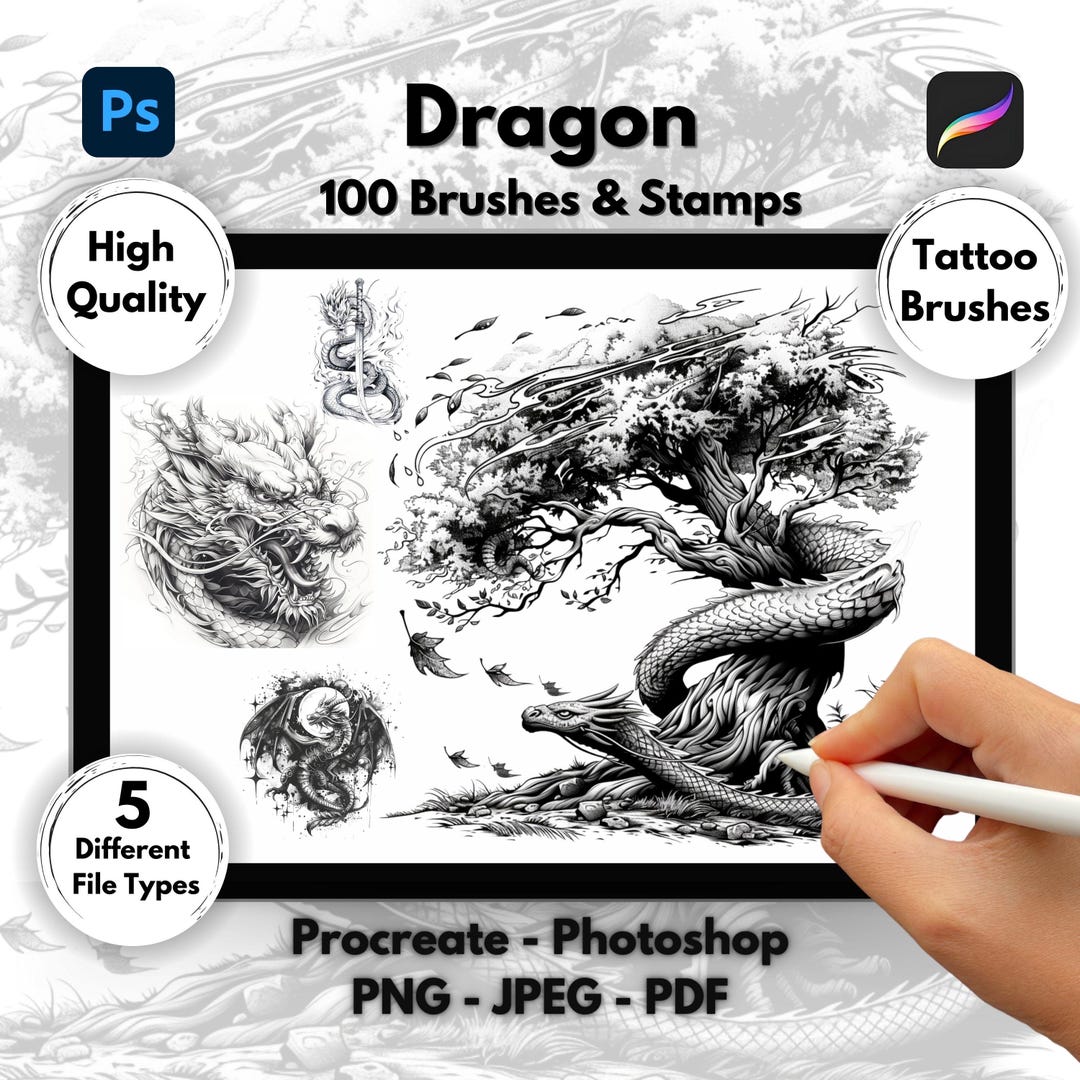 100 Dragon Procreate & Photoshop Tattoo Brushes, Dragon Tattoo Brushes ...