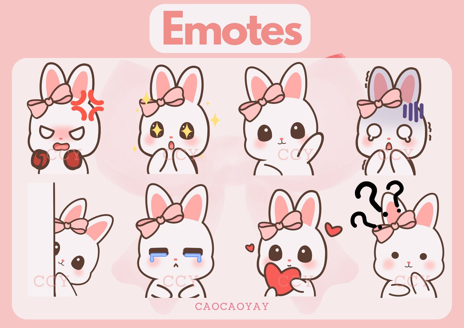 Bunny With Bow Emotes 8 Twitch, Discord, Youtube, Streaming Cute Chibi ...