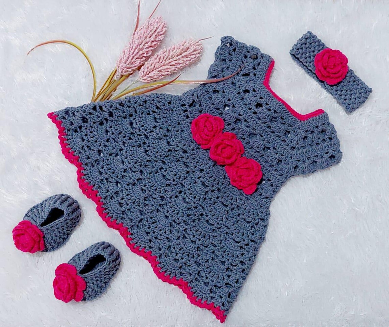 Handmade Crochet Baby Frock Outfit Set - Bluish Grey - Etsy