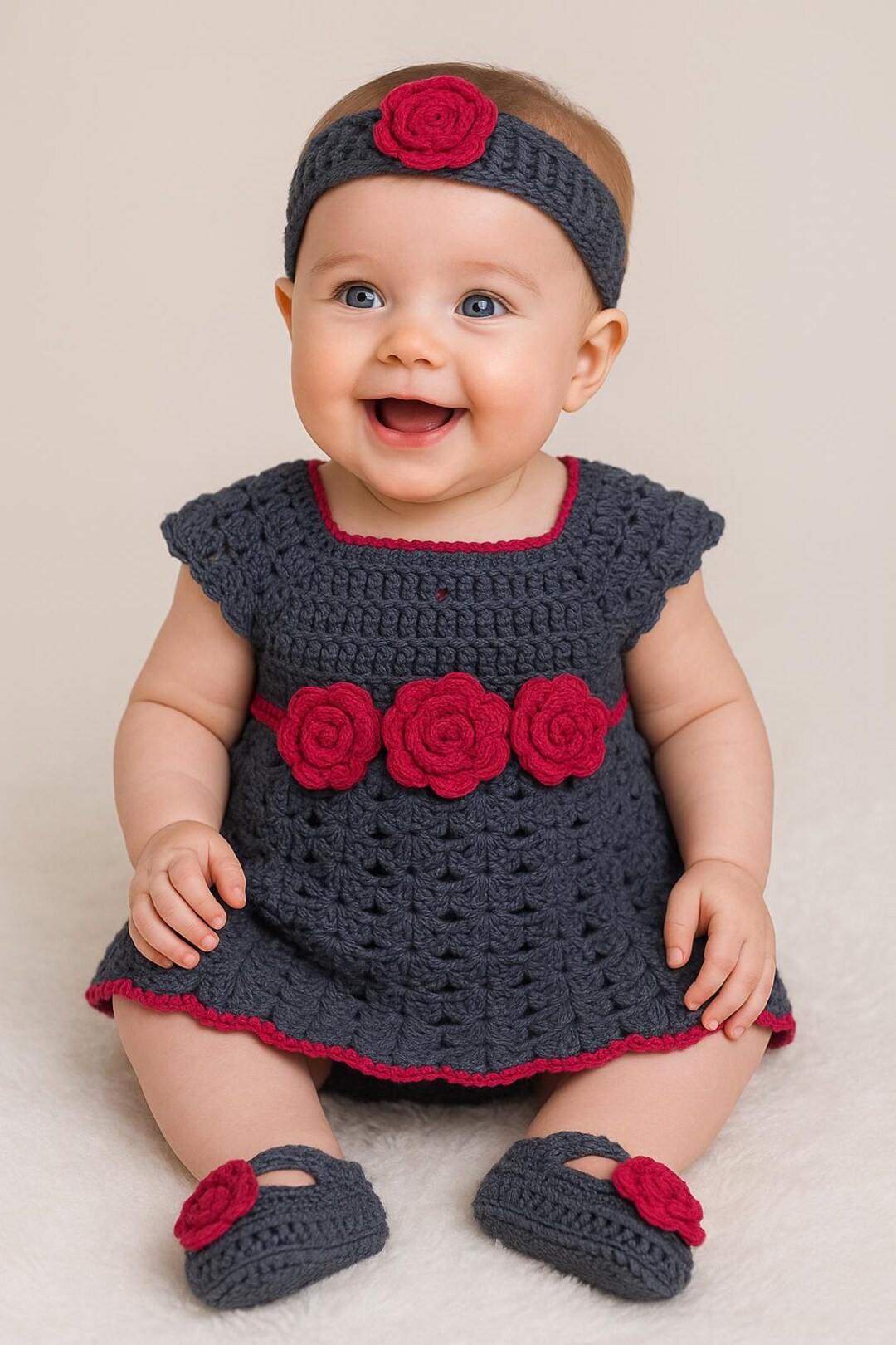 Handmade Crochet Baby Frock Outfit Set - Bluish Grey - Etsy