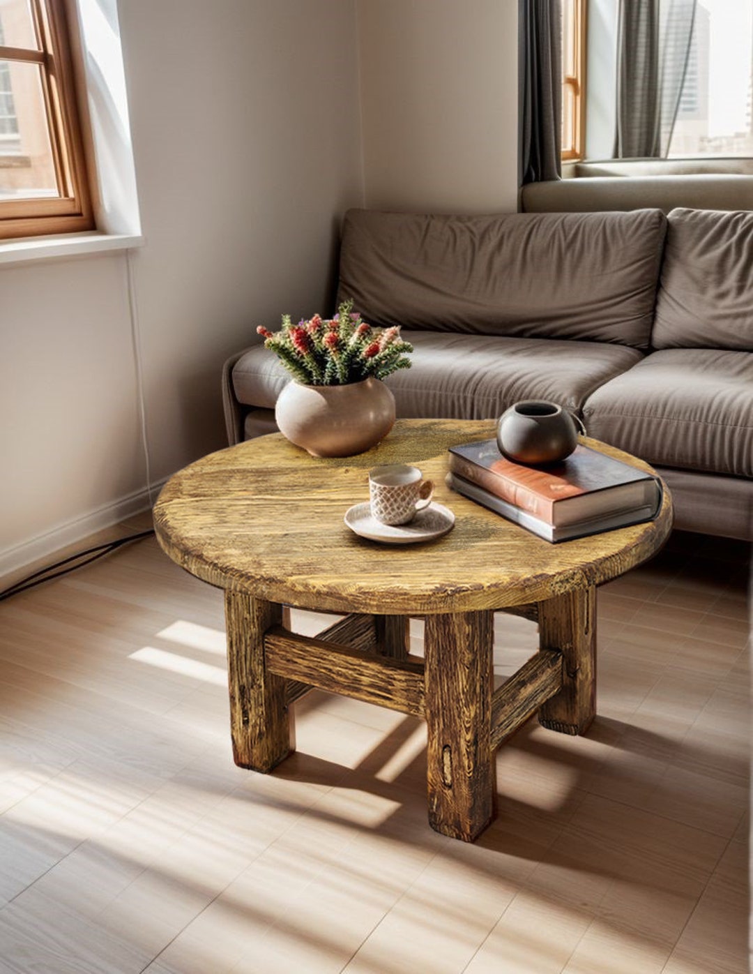 Round Coffee Table for Living Room Wooden Rustic Mid Century Brown Top ...