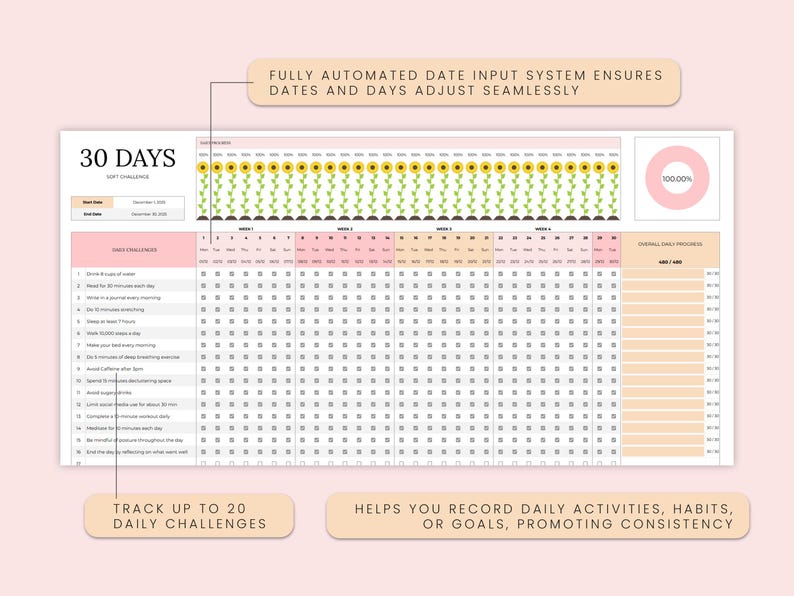 30 Days Challenge Tracker | 30 Day Challenge | 30 Soft Challenge | 30 Medium Challenge | Cute ...