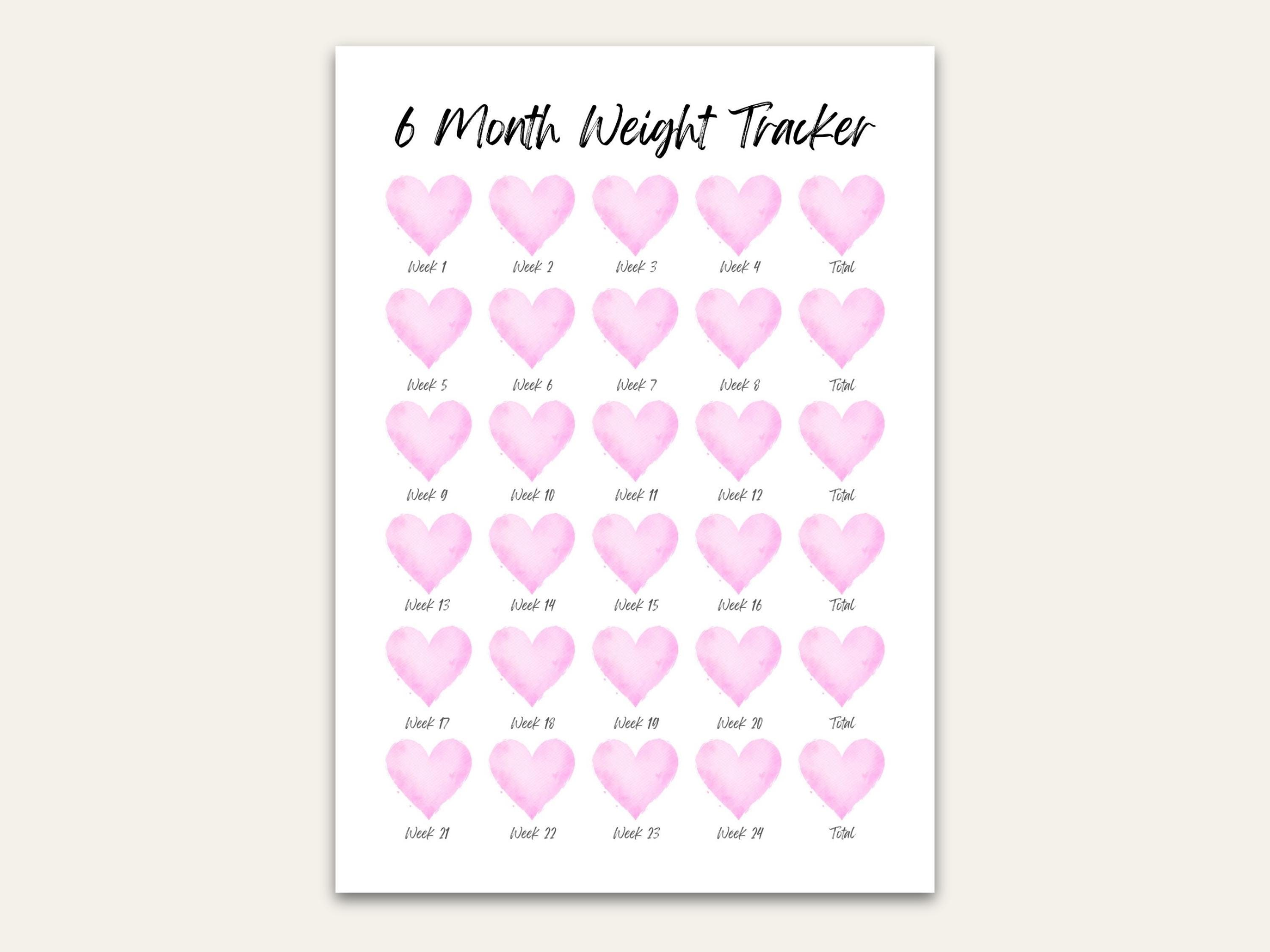 6 Month Weight Tracker Printable - Cute Digital Weekly Weight Loss ...