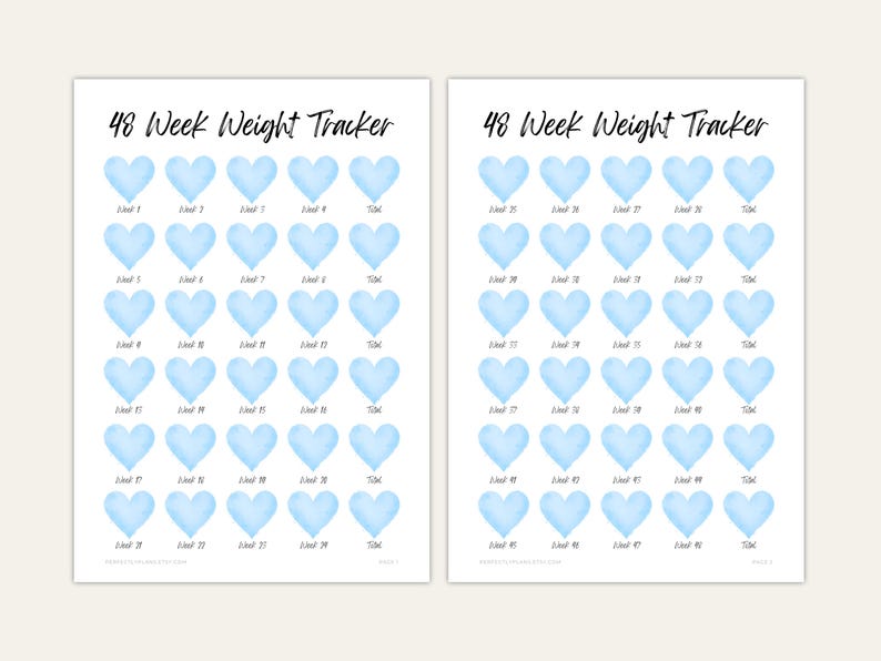 48 Week Weight Tracker Printable, 2 Pages, 12 Month Cute Digital Weekly ...