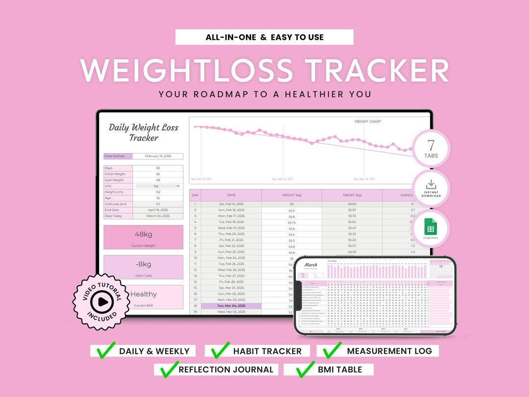 Weight Loss Tracker Spreadsheet Google Sheets, Weightloss Planner Body Measurement Log, Weight ...