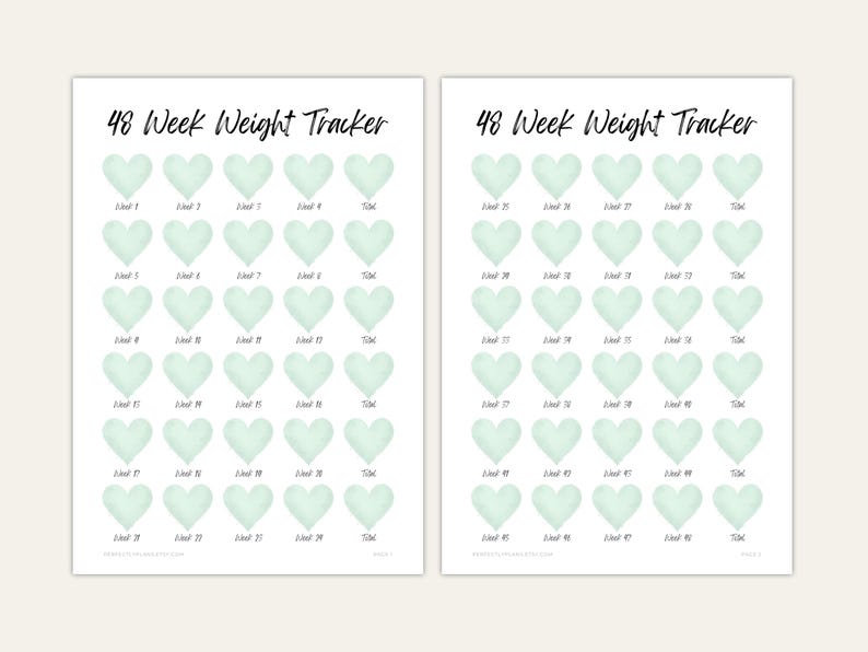 48 Week Weight Tracker Printable, 2 Pages, 12 Month Cute Digital Weekly ...