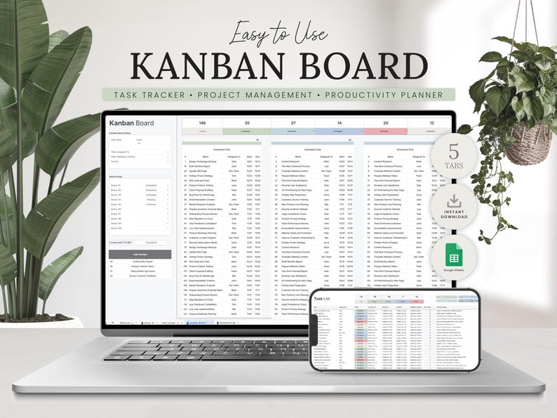 Kanban Board With Task Tracker Spreadsheet for Google Sheets | Project ...