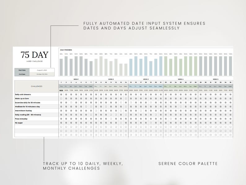 75 Days Challenge Tracker | 75 Day Challenge | 75 Soft Challenge | 75 ...
