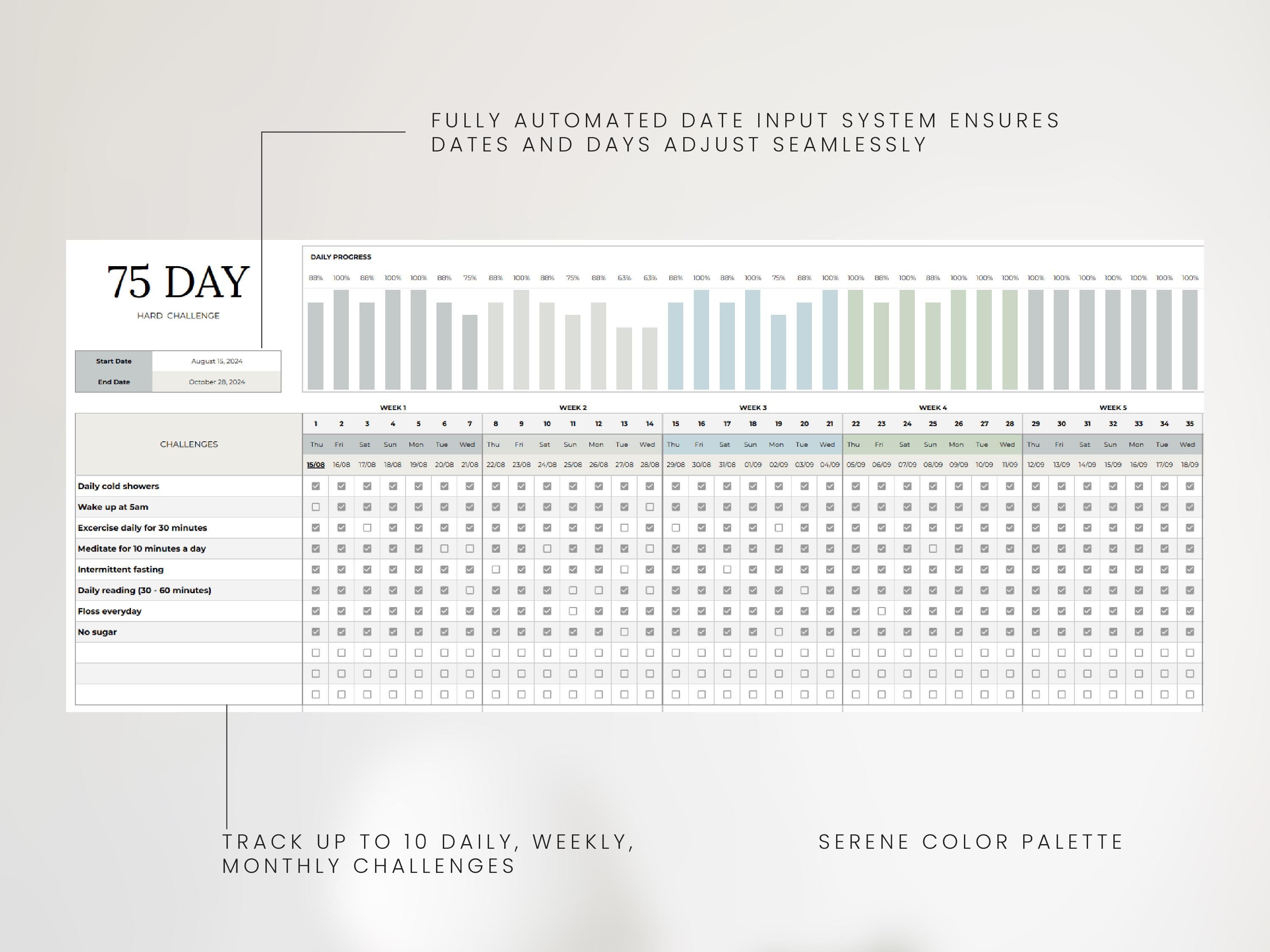 75 Days Challenge Tracker | 75 Day Challenge | 75 Soft Challenge | 75 ...