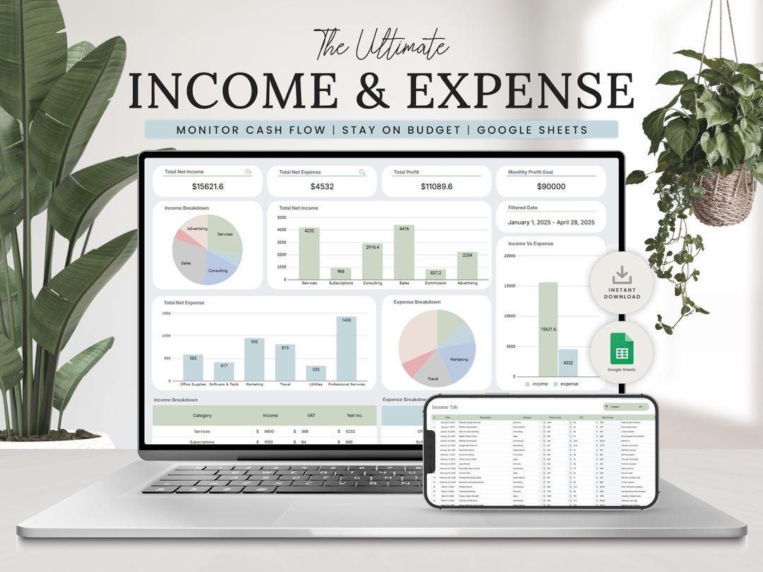 Income and Expense Tracker for Small Business | Monthly Budget Planner ...