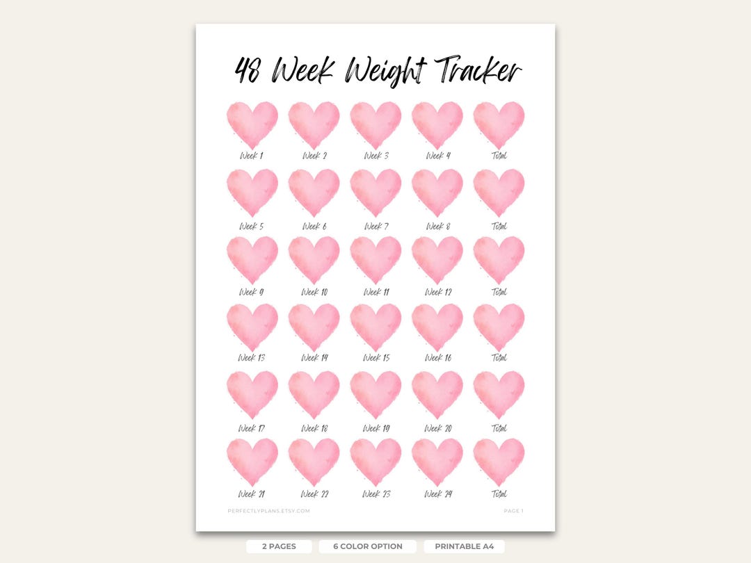 48 Week Weight Tracker Printable, 2 Pages, 12 Month Cute Digital Weekly ...