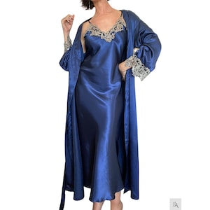 Navy Blue Long Satin Nightgown and Robe Set - Etsy