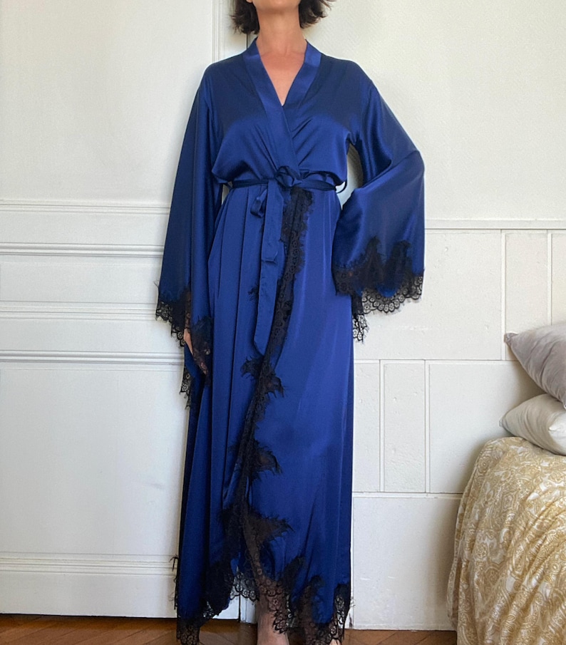 Long Satin Silk Robe With Lace Trim & Bell Sleeves - Etsy