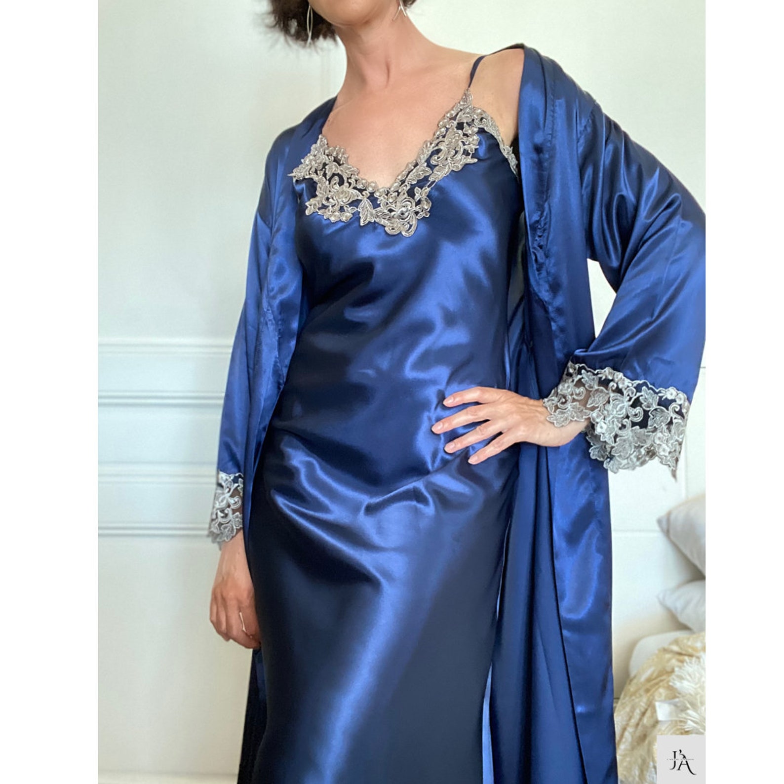 Navy Blue Long Satin Nightgown and Robe Set - Etsy