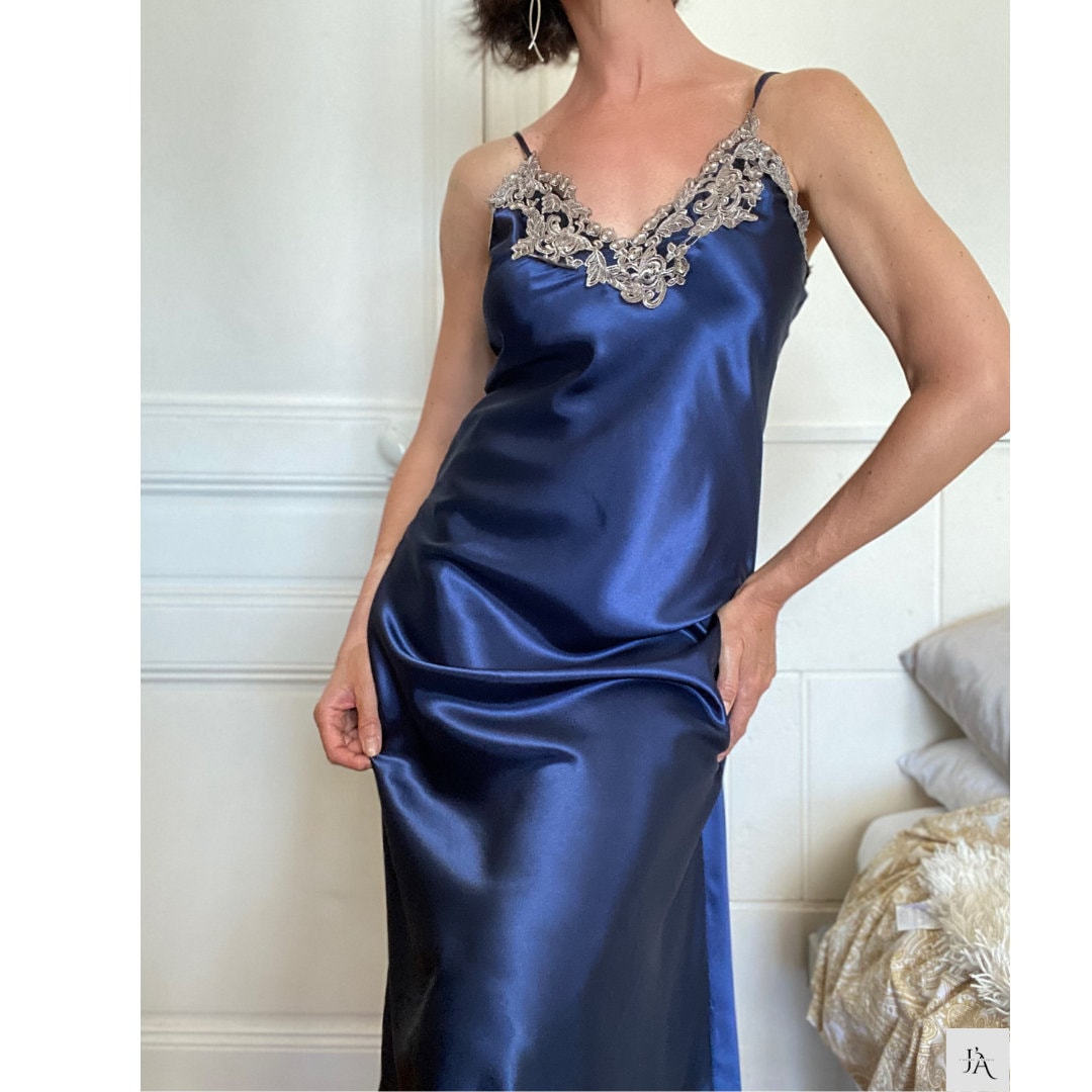 Navy Blue Long Satin Nightgown and Robe Set Women Sleepwear - Etsy