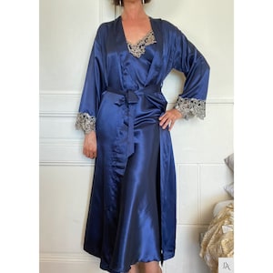Navy Blue Long Satin Nightgown and Robe Set - Etsy
