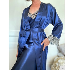 Navy Blue Long Satin Nightgown and Robe Set - Etsy