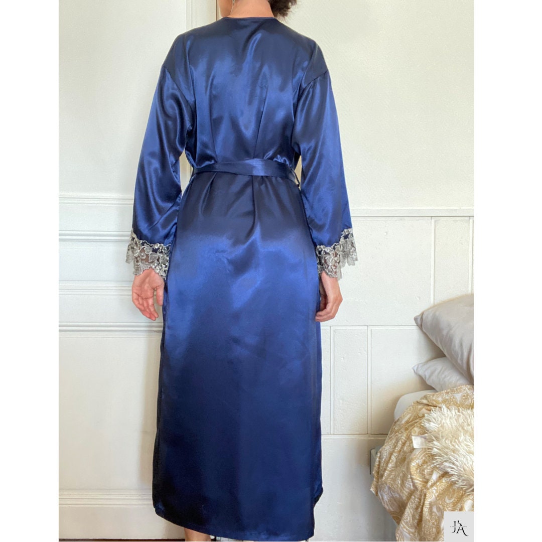 Navy Blue Long Satin Nightgown and Robe Set Women Sleepwear - Etsy