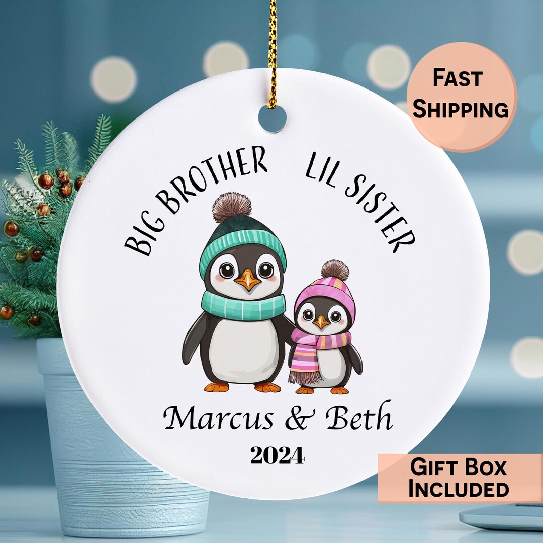 Personalized Big Brother Little Sister Penguin Ornament - Etsy