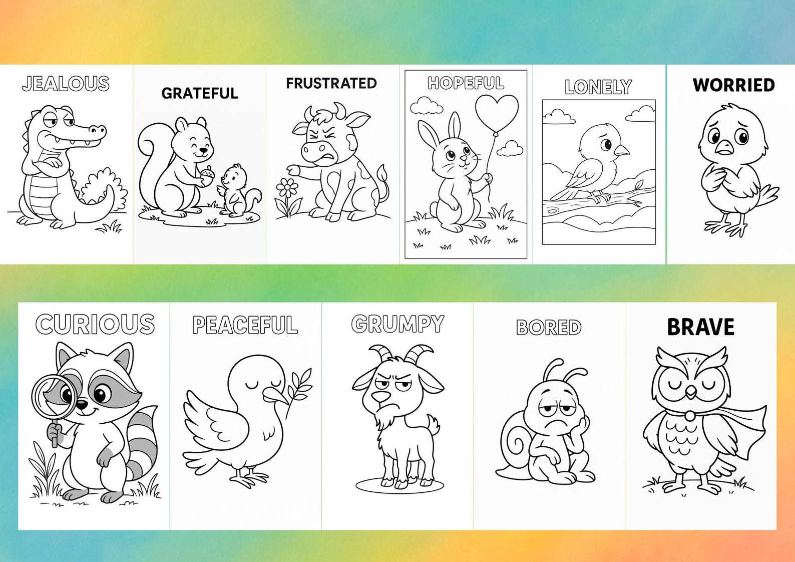 Learn Emotions – 25 Cute Animal Coloring Pages for Kids (PDF) - Etsy