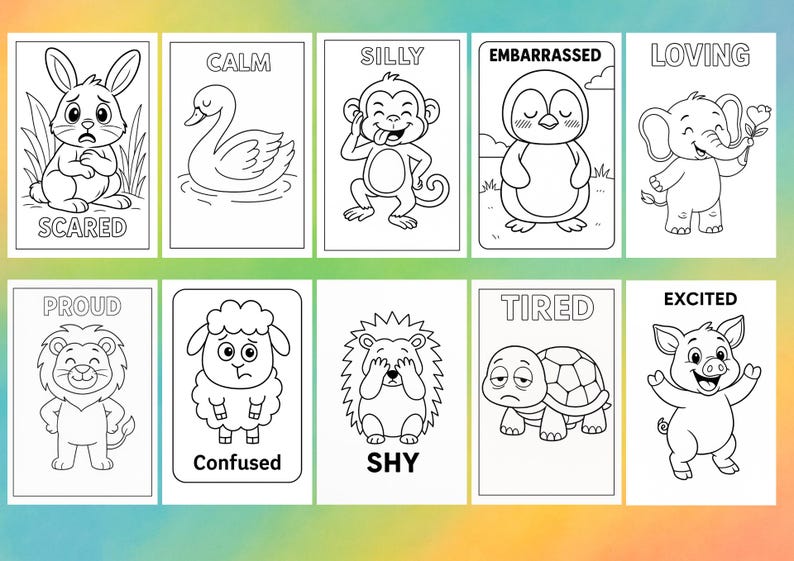 Learn Emotions – 25 Cute Animal Coloring Pages for Kids (PDF) - Etsy