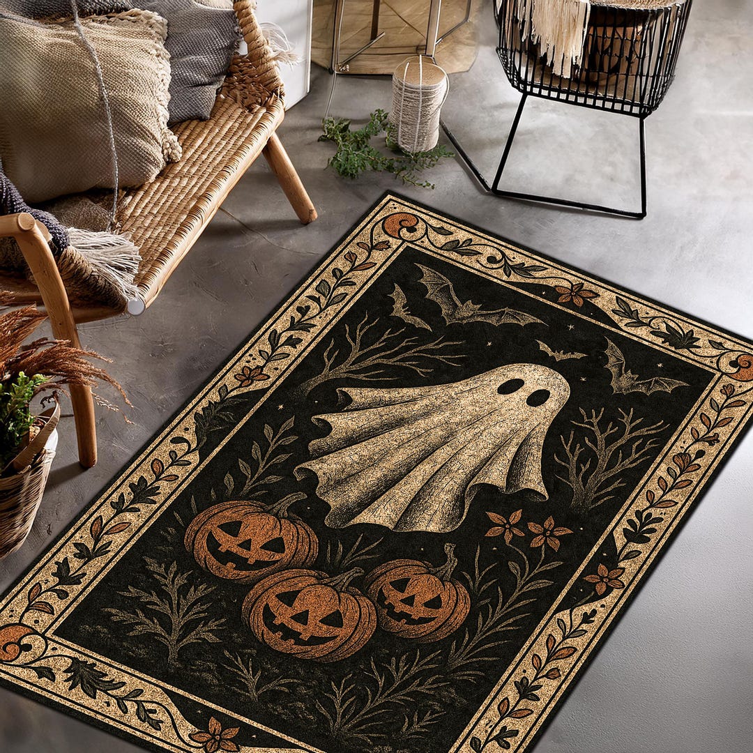 Spooky Halloween Ghost Rug – Vintage Jack-o’-lantern Carpet With Bats ...