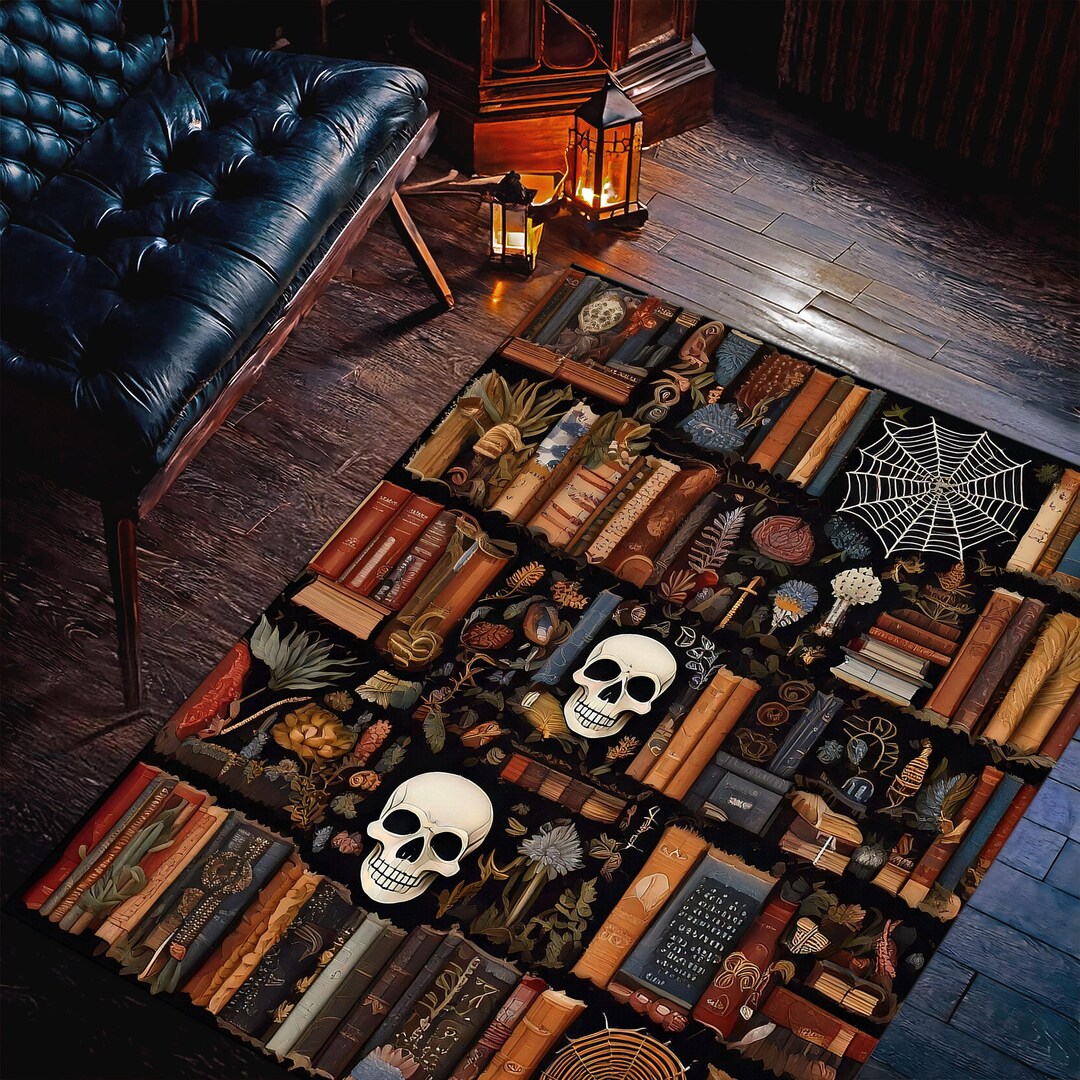 Witches Bookshelf Rug, Spooky Decor, Halloween Rug, Skull Web Rug ...