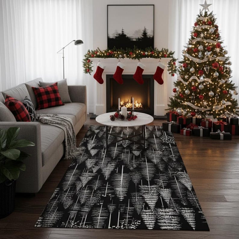 Christmas Tree Runner Rug, Hallway Rug,black Christmas Rug, Christmas ...