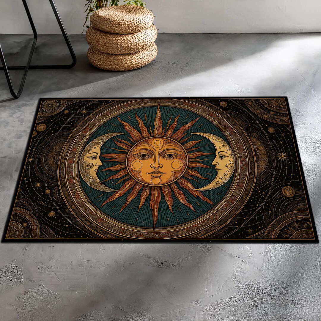 Celestial Sun and Moon Faces Rug – Vintage Cosmic Style Carpet With ...