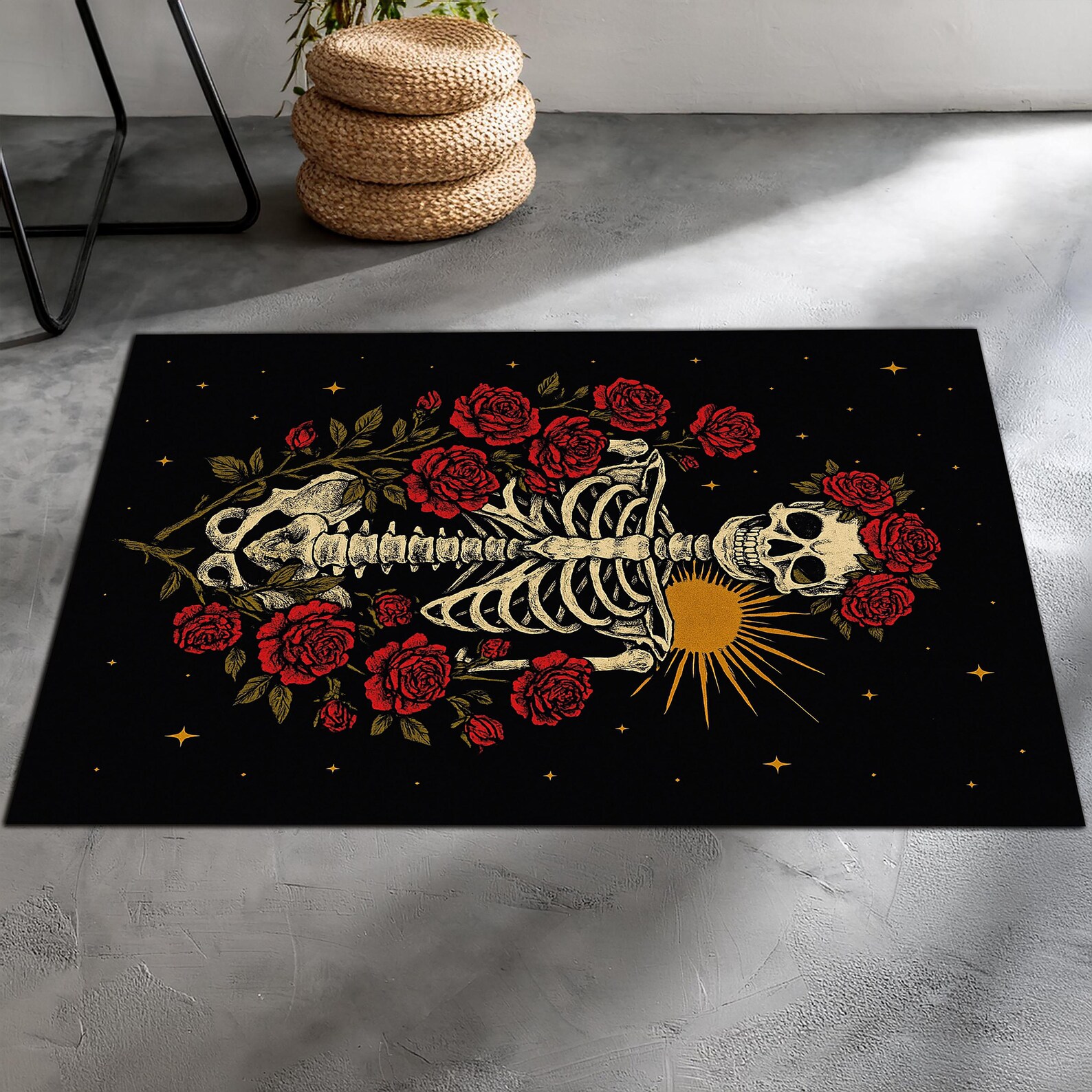Boho Gothic Skeleton and Roses Area Rug – Black Floral Carpet for ...