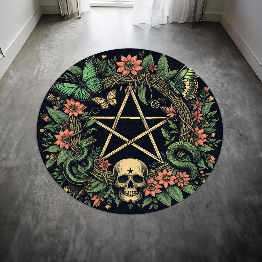 Pentagram Skull Floral Round Rug, Gothic Style Rug, Butterfly Design ...